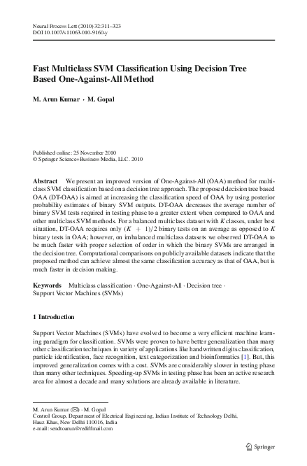Pdf Fast Multiclass Svm Classification Using Decision Tree Based One Against All Method
