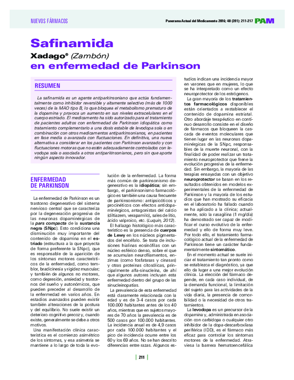 (PDF) Safinamida (Xadago®; Zambón) en enfermedad de Parkinson