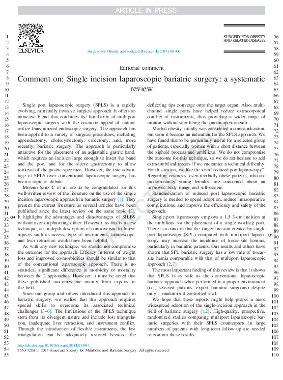 (PDF) Comment on: Single incision laparoscopic bariatric surgery: a ...