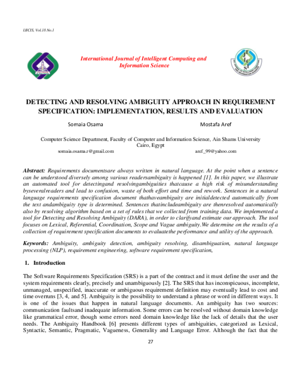 Pdf Detecting And Resolving Ambiguity Approach In Requirement Specification Implementation