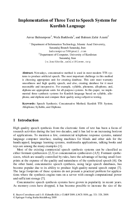 (PDF) Implementation of Three Text to Speech Systems for Kurdish Language