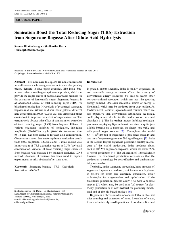 Pdf Sonication Boost The Total Reducing Sugar Trs Extraction From Sugarcane Bagasse After