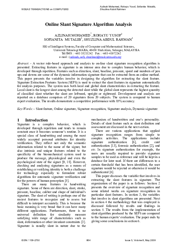 (PDF) Online slant signature algorithm analysis