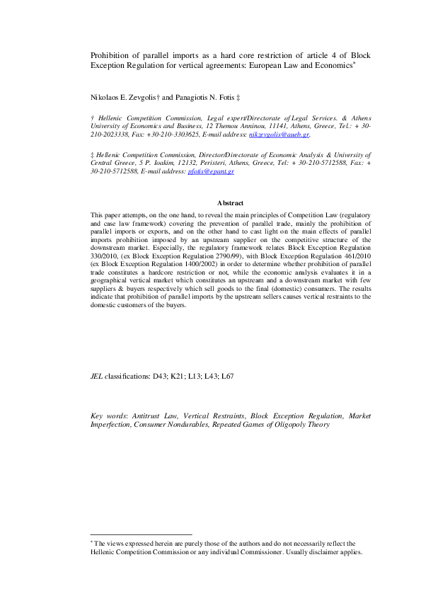 (PDF) Prohibition of Parallel Imports as a Hard Core Restriction of ...