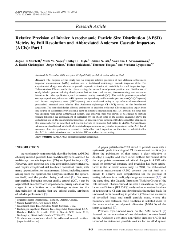 (PDF) Relative Precision of Inhaler Aerodynamic Particle Size ...