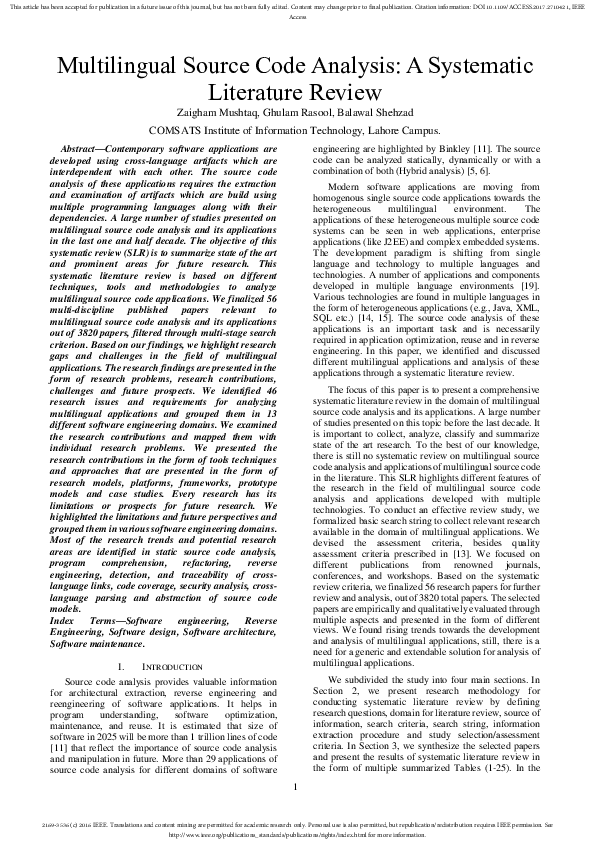 (PDF) Multilingual Source Code Analysis: A Systematic Literature Review | Zaigham Mushtaq ...