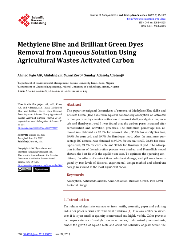 (PDF) Methylene Blue and Brilliant Green Dyes Removal from Aqueous Solution Using Agricultural ...