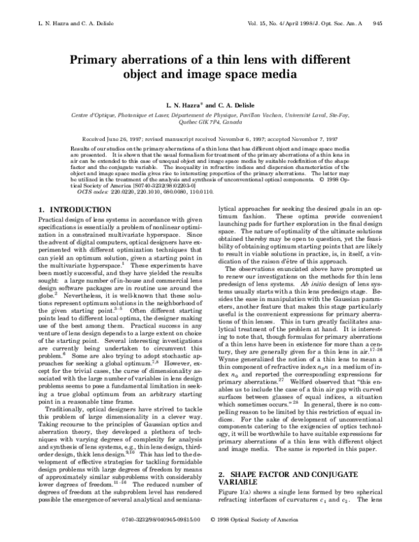 (PDF) Primary aberrations of a thin lens with different object and ...