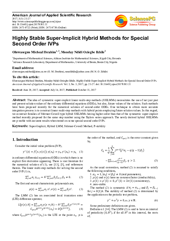 (PDF) Highly Stable Super-Implicit Hybrid Methods for Special Second Order IVPs