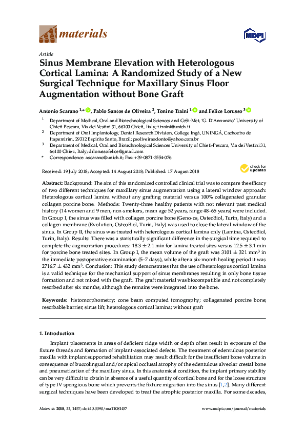 (PDF) Sinus Membrane Elevation with Heterologous Cortical Lamina: A Randomized Study of a New ...