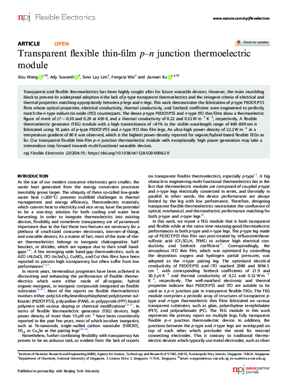 (PDF) Transparent flexible thin-film p–n junction thermoelectric module