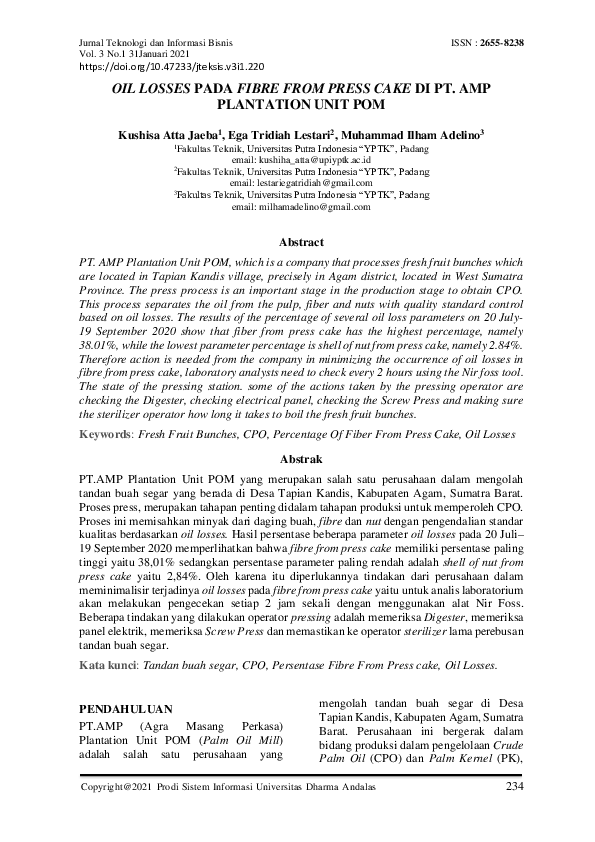(PDF) Oil Losses Pada Fibre from Press Cake DI Pt. Amp Plantation Unit Pom