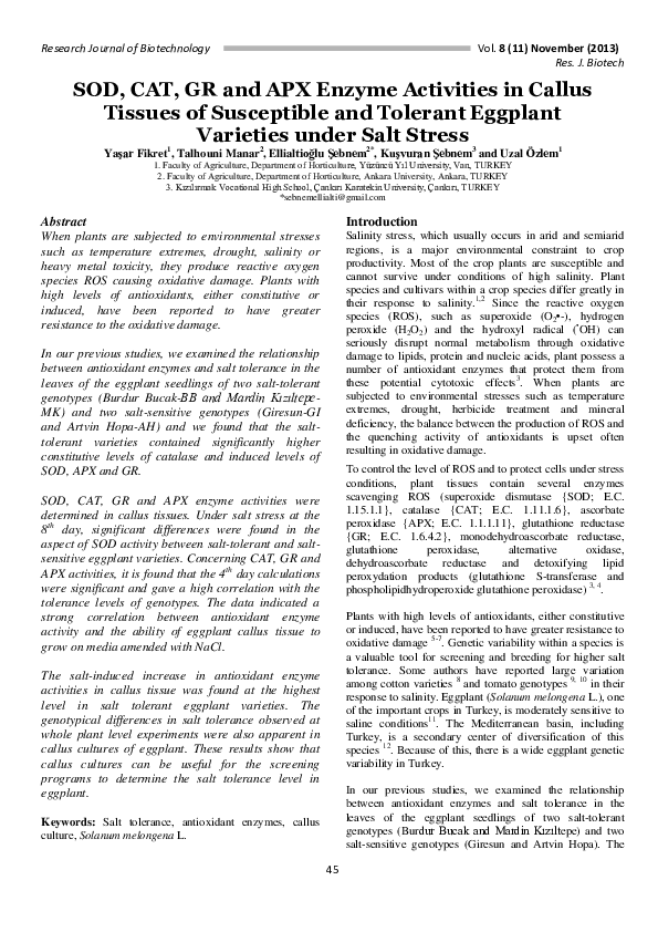 (PDF) SOD, CAT, GR and APX Enzyme Activities in Callus Tissues of ...