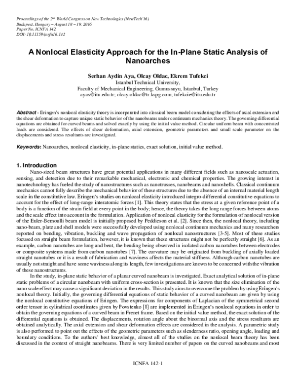 Pdf A Nonlocal Elasticity Approach For The In Plane Static Analysis