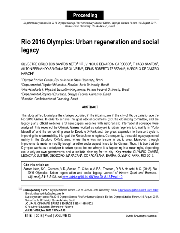 (PDF) Rio 2016 Olympics: Urban regeneration and social legacy