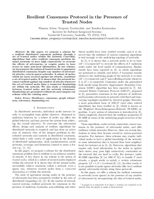 (PDF) Resilient consensus protocol in the presence of trusted nodes