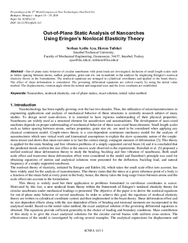 Pdf Out Of Plane Static Analysis Of Nanoarches Using Eringens