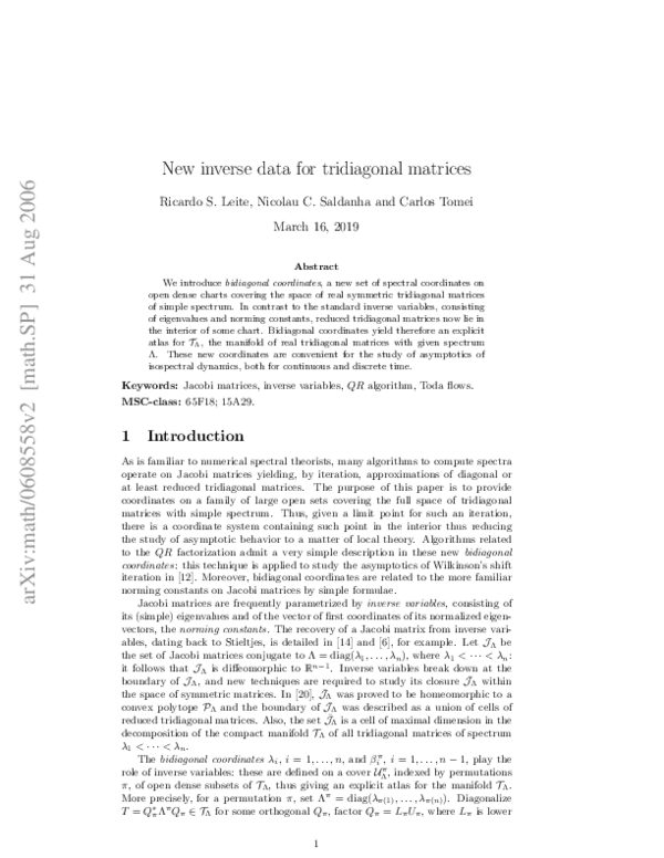 (PDF) New inverse data for tridiagonal matrices
