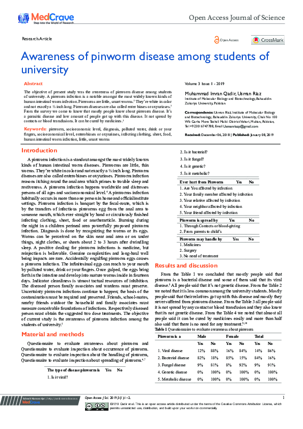 (PDF) Awareness of pinworm disease among students of university
