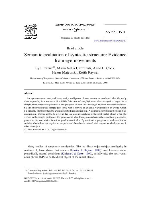 (PDF) Semantic evaluation of syntactic structure: Evidence from eye movements
