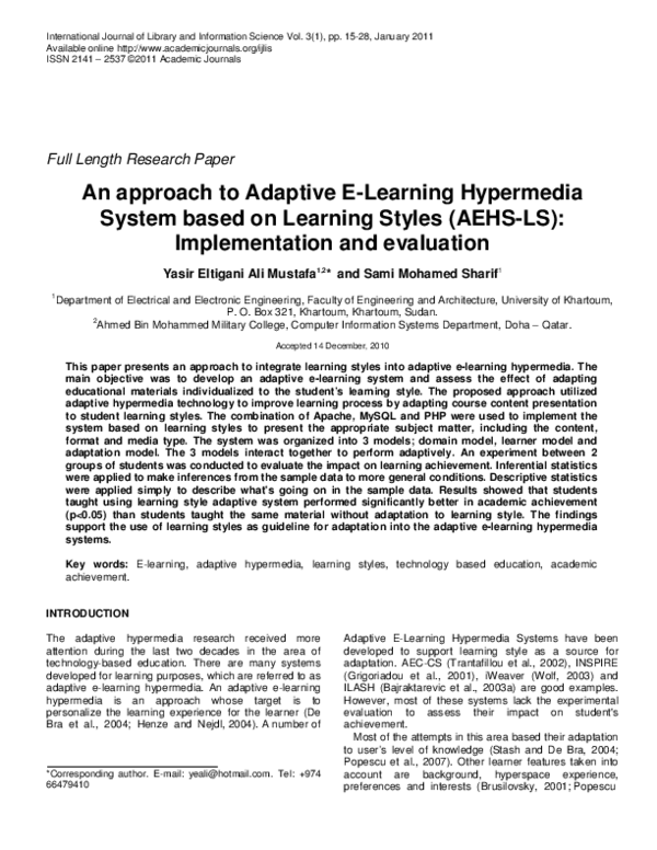 (PDF) An approach to adaptive E-Learning hypermedia system based on learning styles (AEHS-LS ...