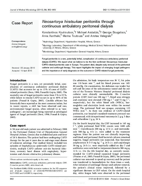 (PDF) Neosartorya hiratsukae peritonitis through continuous ambulatory ...