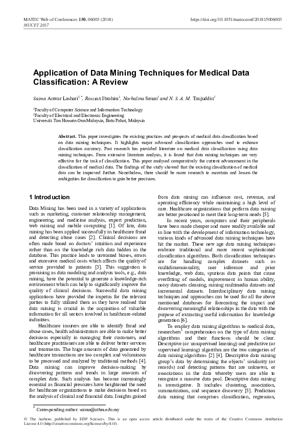 (PDF) Application of Data Mining Techniques for Medical Data ...