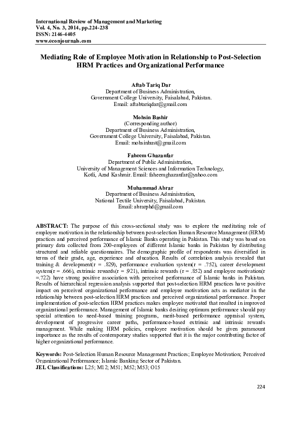 Pdf Mediating Role Of Employee Motivation In Relationship To Post Selection Hrm Practices And