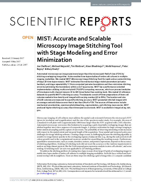 (PDF) MIST: Accurate and Scalable Microscopy Image Stitching Tool with Stage Modeling and Error ...