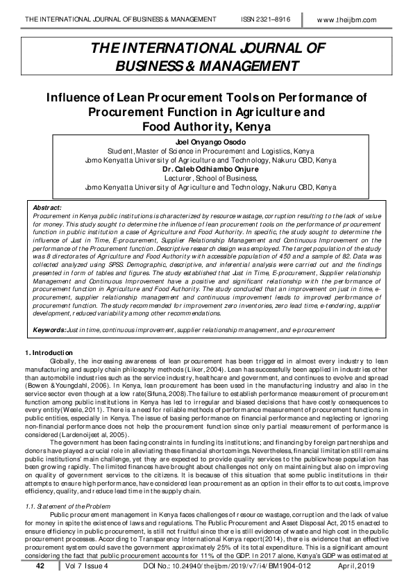 (PDF) Influence of Lean Procurement Tools on Performance of Procurement ...