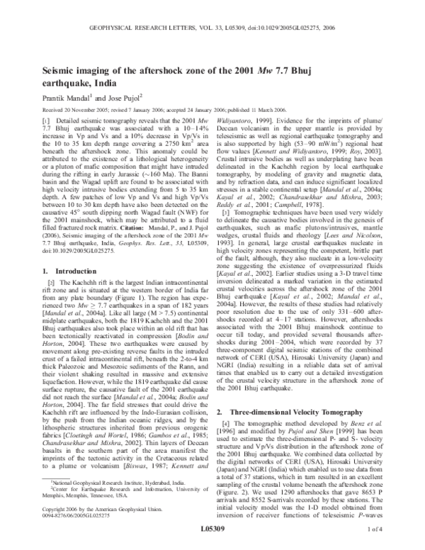 (PDF) Seismic imaging of the aftershock zone of the 2001 Mw 7.7 Bhuj ...