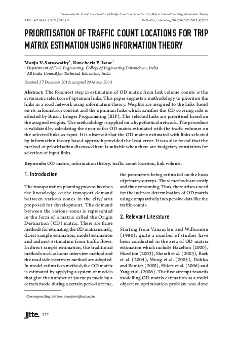 (PDF) Prioritisation of Traffic Count Locations for Trip Matrix Estimation Using Information Theory
