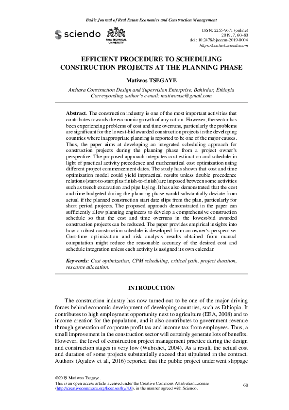 (PDF) Efficient Procedure to Scheduling Construction Projects at the Planning Phase