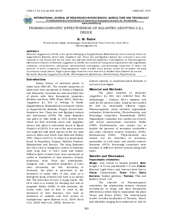 (PDF) PHARMACOGNOSTIC EFFECTIVENESS OF BALANITES AEGYPTIACA (L.) DELILE