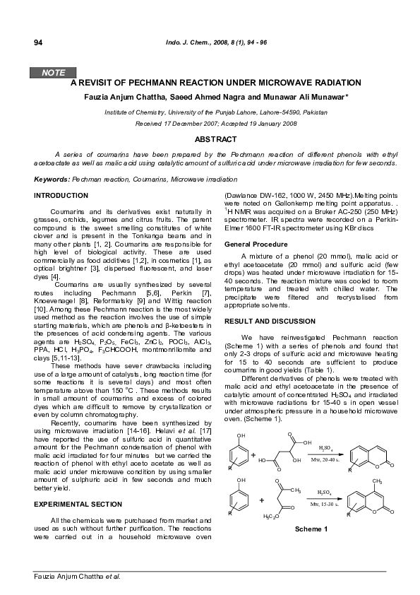(PDF) A Revisit of Pechmann Reaction Under Microwave Radiation