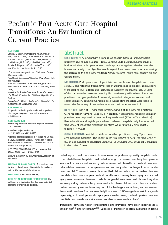 (PDF) Pediatric Post-Acute Care Hospital Transitions: An Evaluation of ...