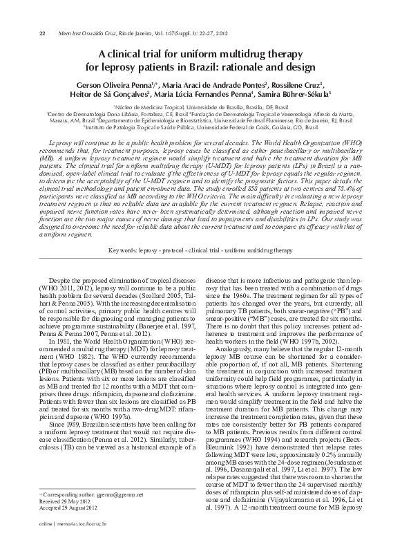 (PDF) A clinical trial for uniform multidrug therapy for leprosy ...