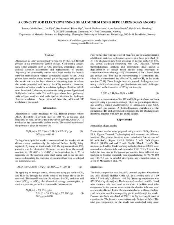 (PDF) A Concept for Electrowinning of Aluminium Using Depolarized Gas ...