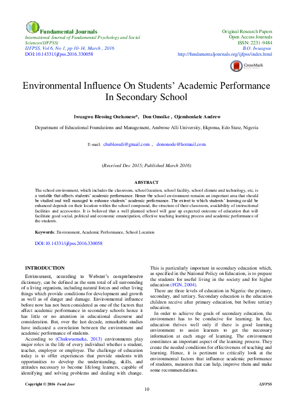 (PDF) Environmental Influence On Students’ Academic Performance In Secondary School
