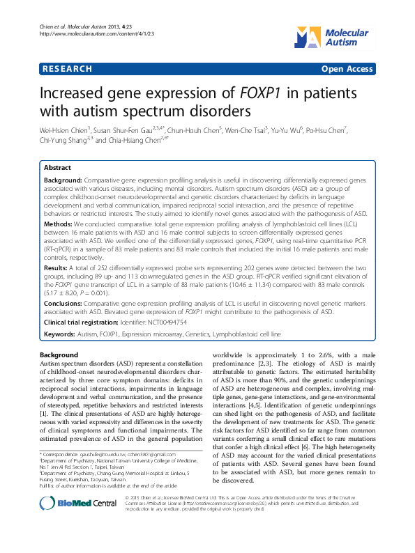 (PDF) Increased gene expression of FOXP1 in patients with autism ...