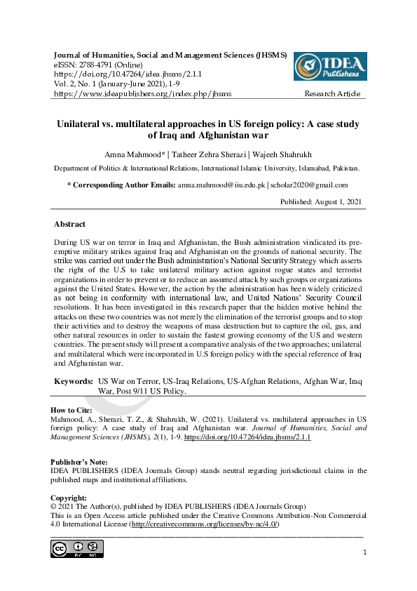 (PDF) Unilateral vs. multilateral approaches in US foreign policy: A ...