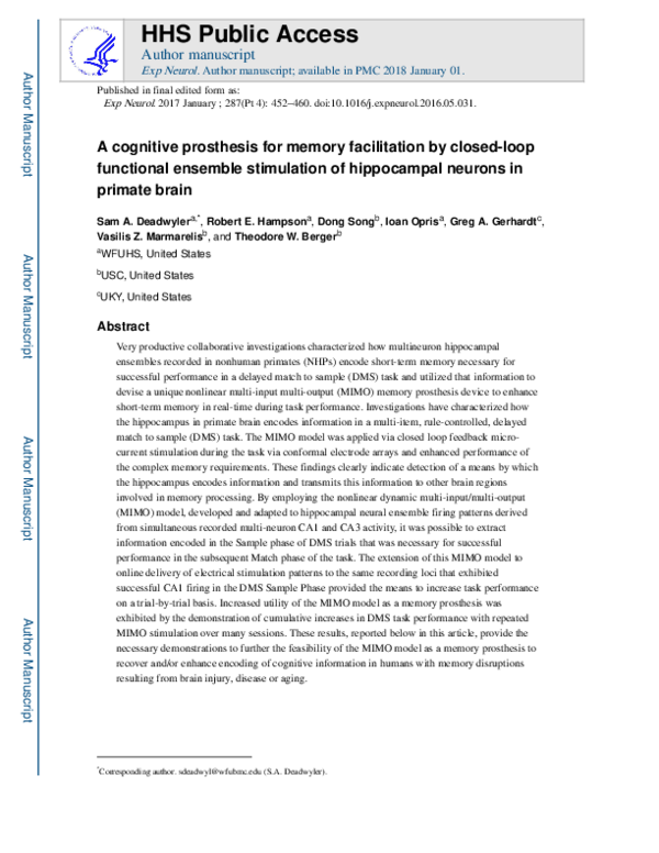 (PDF) A cognitive prosthesis for memory facilitation by closed-loop ...