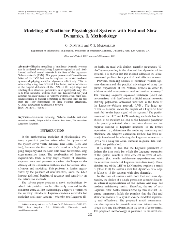 (PDF) Modeling of Nonlinear Physiological Systems with Fast and Slow Dynamics. I. Methodology