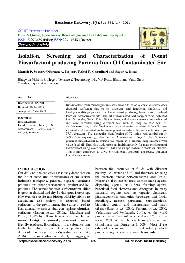 Pdf Screening And Characterization Of Biosurfactant Producing