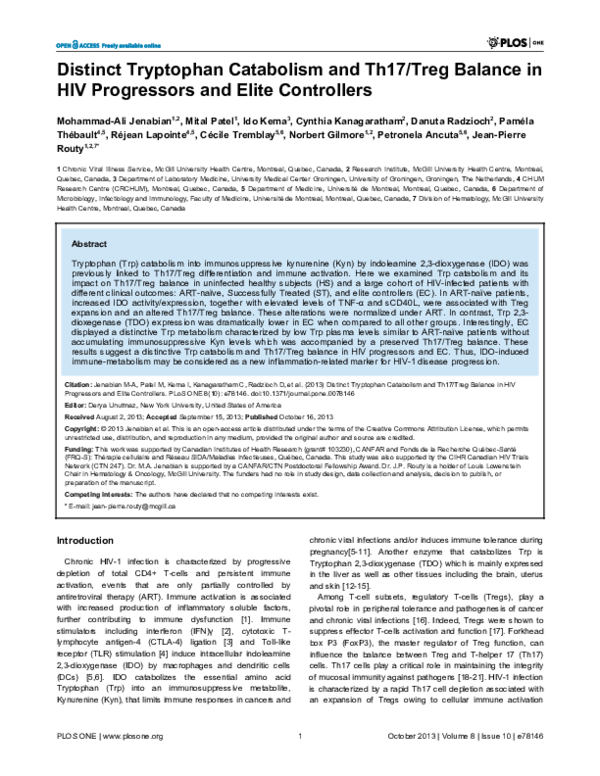 (PDF) Distinct Tryptophan Catabolism and Th17/Treg Balance in HIV ...