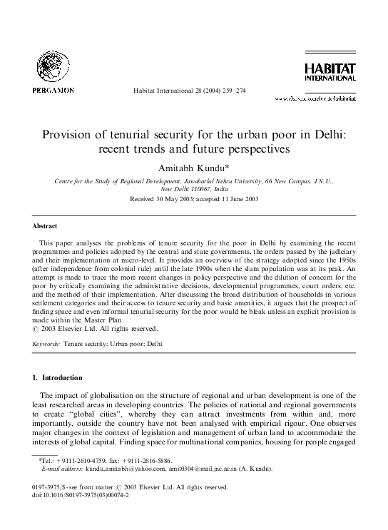 (PDF) Provision of tenurial security for the urban poor in Delhi ...
