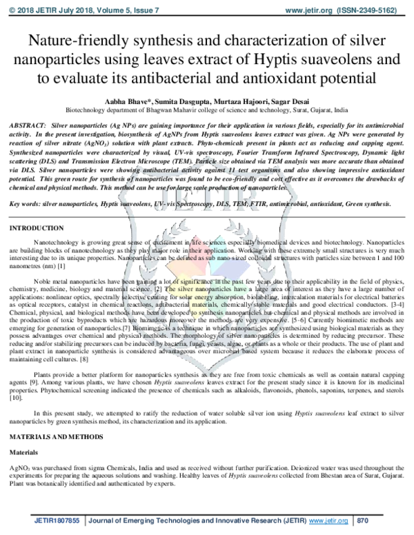 (PDF) Nature-friendly synthesis and characterization of silver nanoparticles using leaves ...