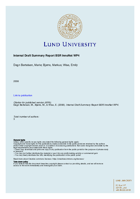 (PDF) Internal Draft Summary Report BSR InnoNet WP4 | Markus Bjerre ...