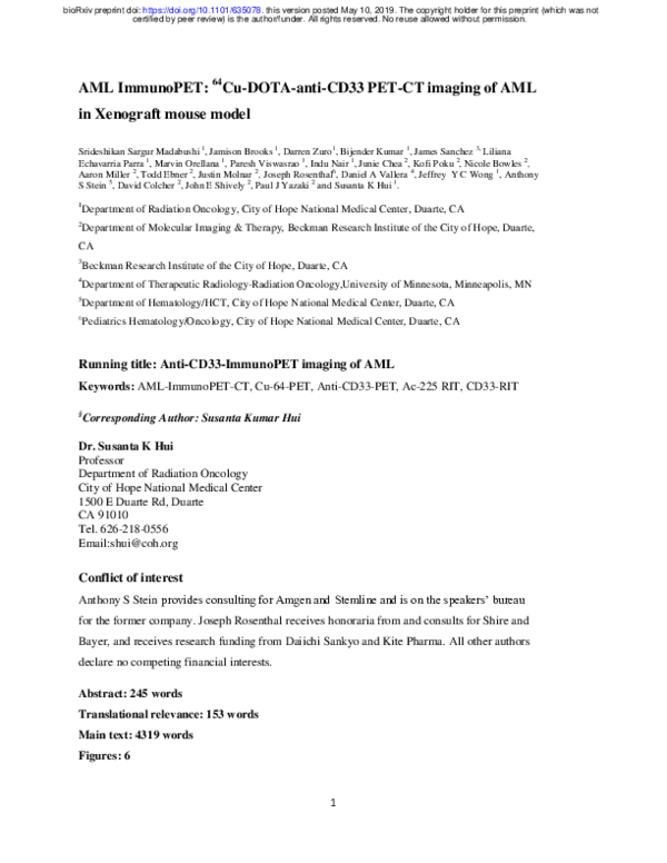 (PDF) AML ImmunoPET: 64Cu-DOTA-anti-CD33 PET-CT imaging of AML in ...