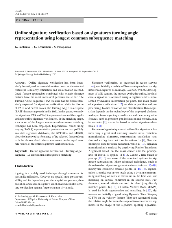 (PDF) Online signature verification based on signatures turning angle representation using ...